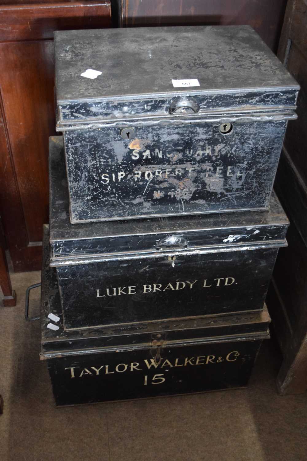 Lot 567 - Group of three vintage metal deed boxes,